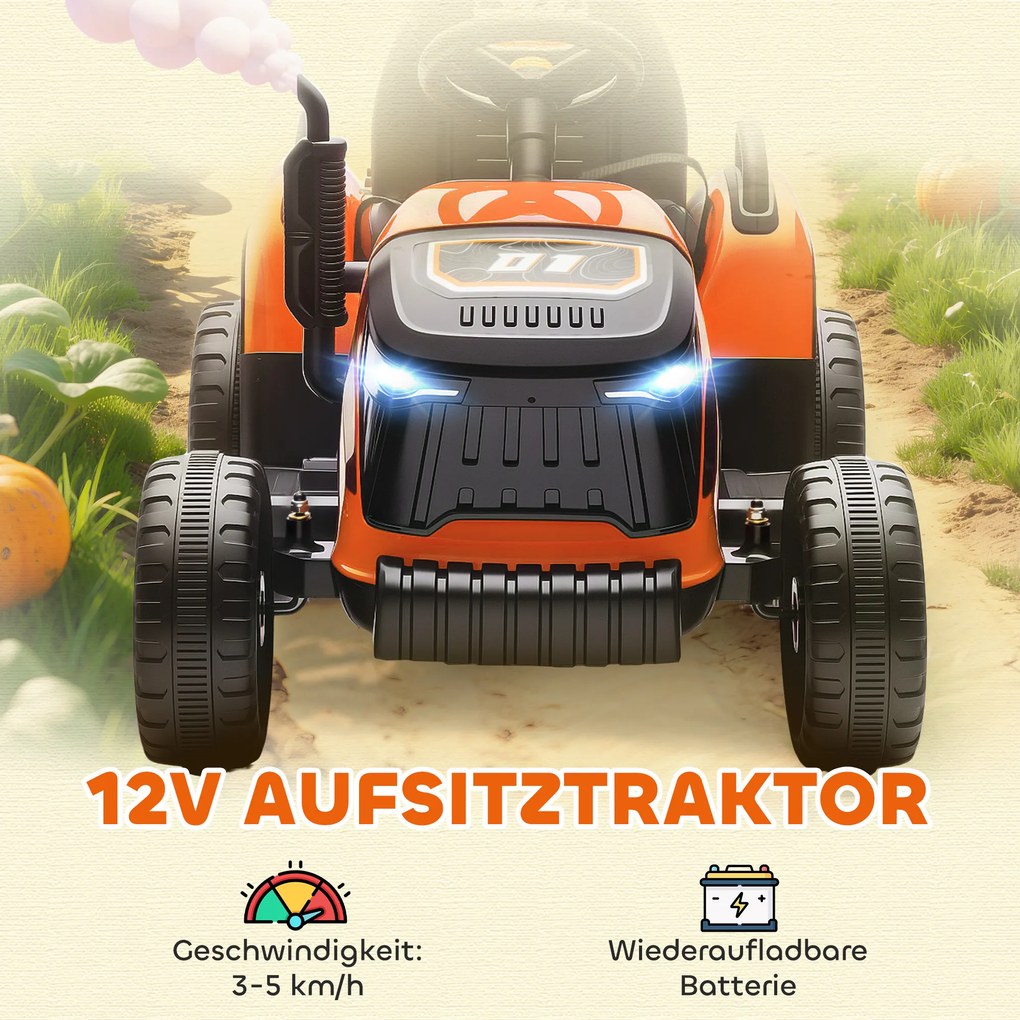 AIYAPLAY Elektrický dětský traktor, sedací traktor s dálkovým ovládáním, měkký start, pro děti ve věku 3-8 let, oranžový