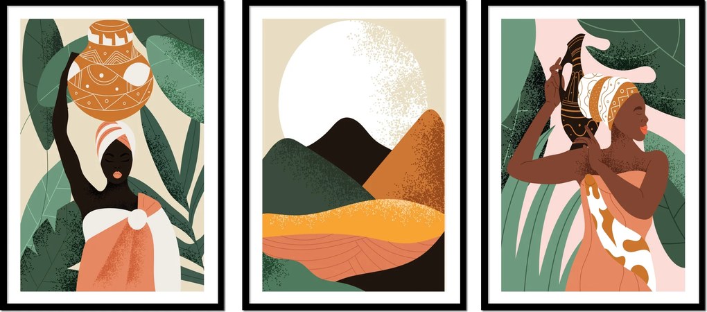 Triptyk Sada 3 Obrazů V Rámu pro ženy Afrika turban hory P2490_53x43