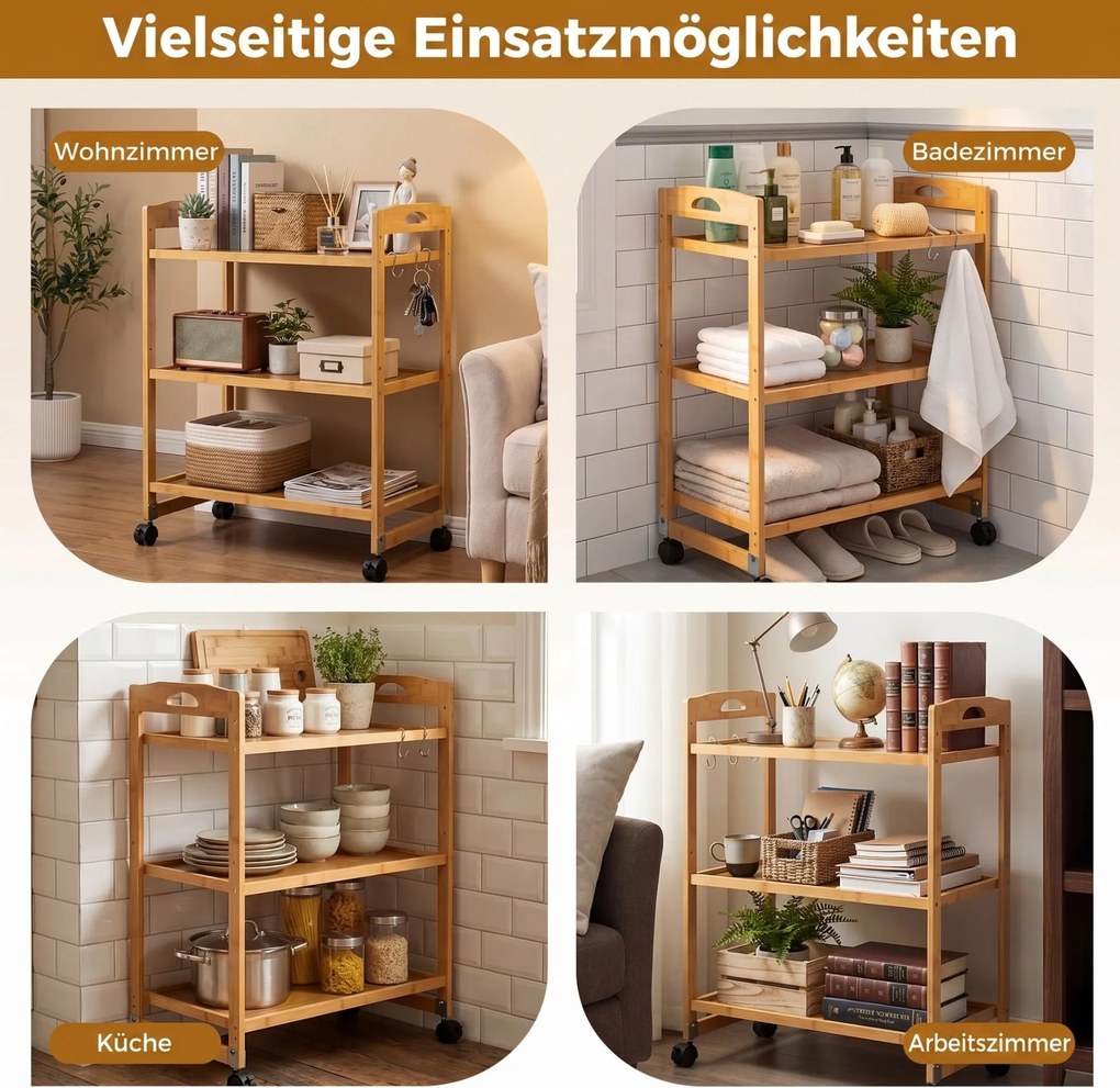 Costway Servírovací vozík s 3 úrovněmi kuchyňský vozík vyrobený z bambusu