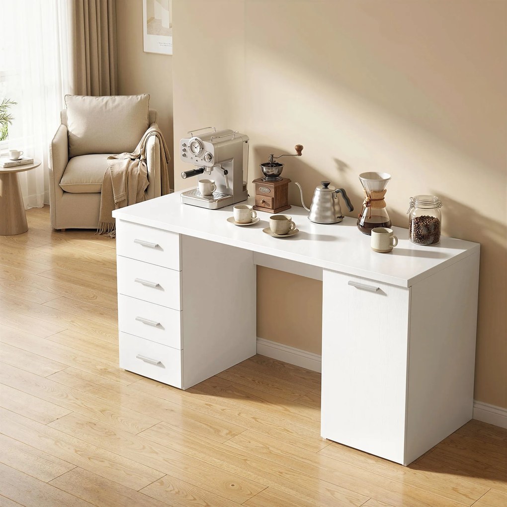 HOMCOM psací stůl s 4 zásuvkami, 140 x 48 x 75 cm, se skříňkou a nastavitelnou policí, moderní kancelářský stůl, bílý