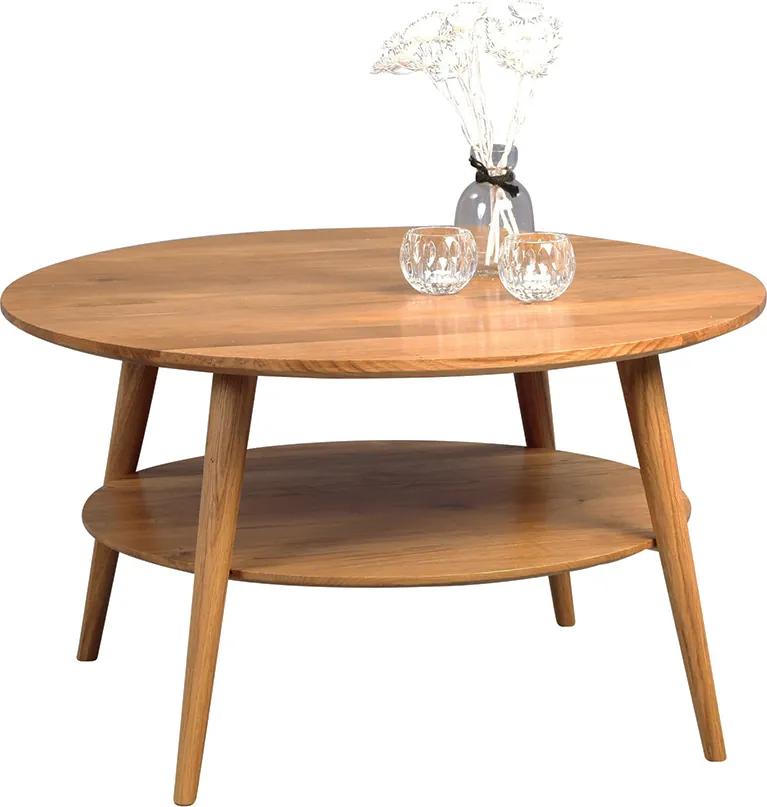 Kulatý konferenční stolek 80 cm z masivu v dekoru dub divoký s odkládací poličkou DO032