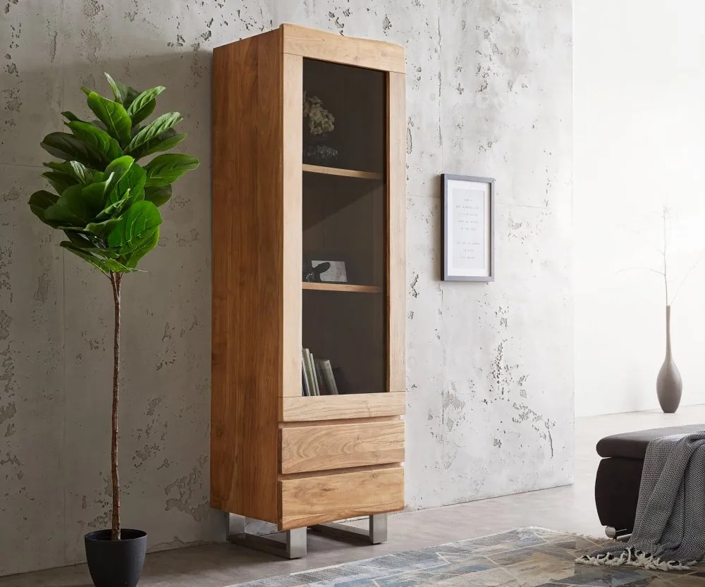 Vitrína Live Edge 60x190 cm akácie přírodní hrana 1 dvířka 2 zásuvky