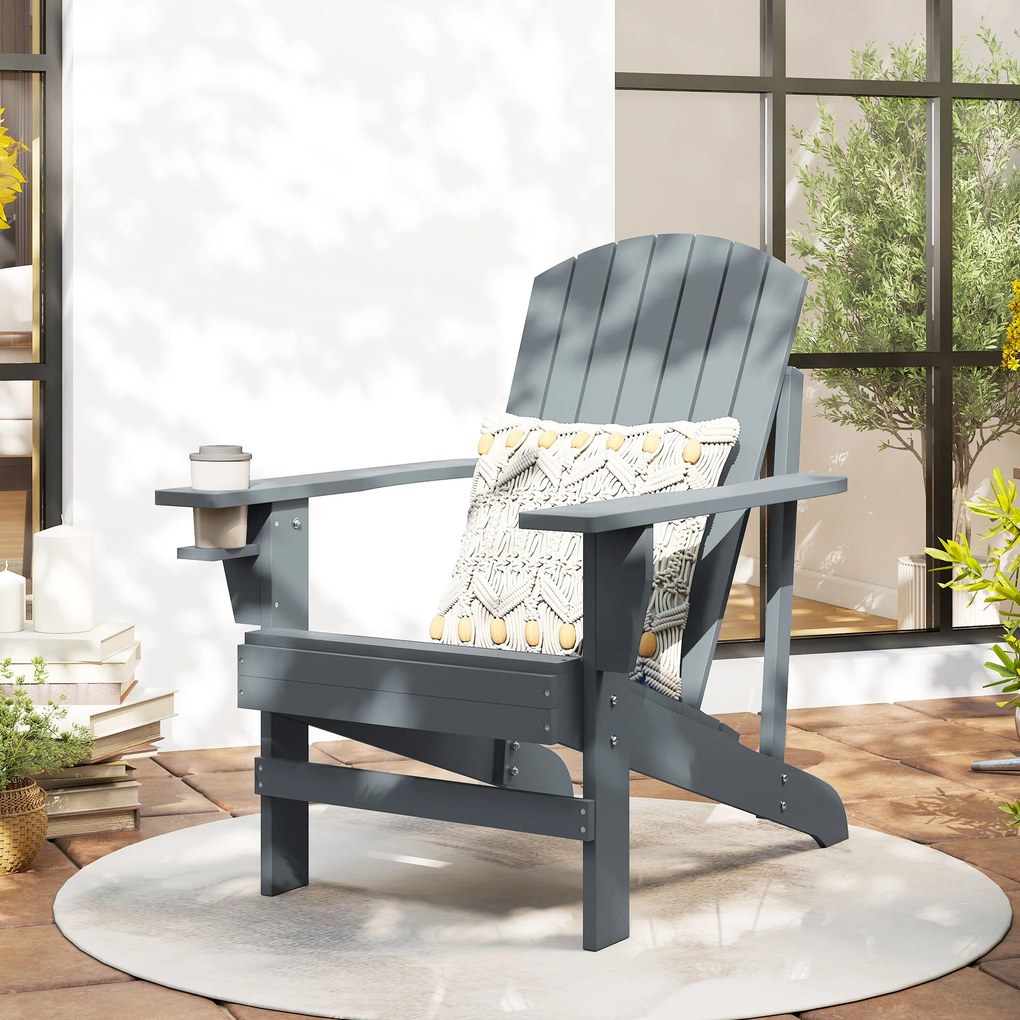 Zahradní židle Outsunny Adirondack s držákem na nápoje, zahradní lehátko z masivního dřeva, tmavě šedá, 97x72,5x93 cm, ideální na balkon a terasu | A…