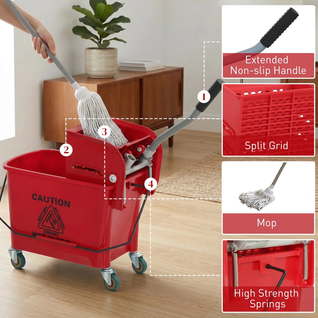 HOMCOM kyblík na vytírání s ždímacím zařízením, přepážkou na oddělení vody a kolečky, objem 20 l pro domácí úklid, 45x26,5x70 cm, červený