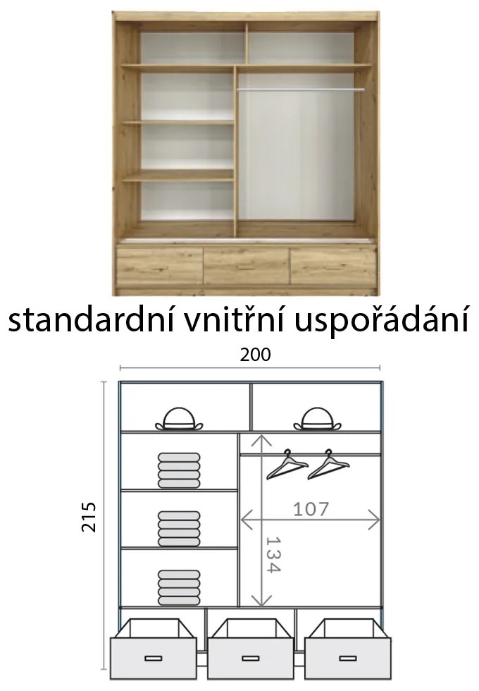 Šatní skříň CANADA CA-24 | 200 cm | se zrcadlem | bílá s černými úchyty