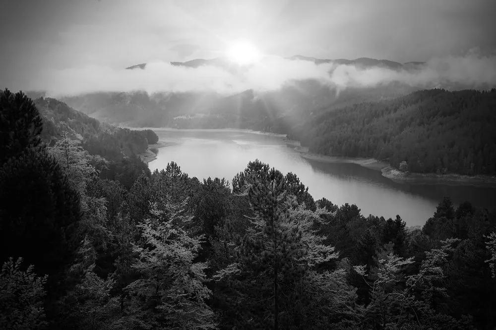 Samolepící fototapeta řeka uprostřed lesa v černobílém provedení - 300x200 cm