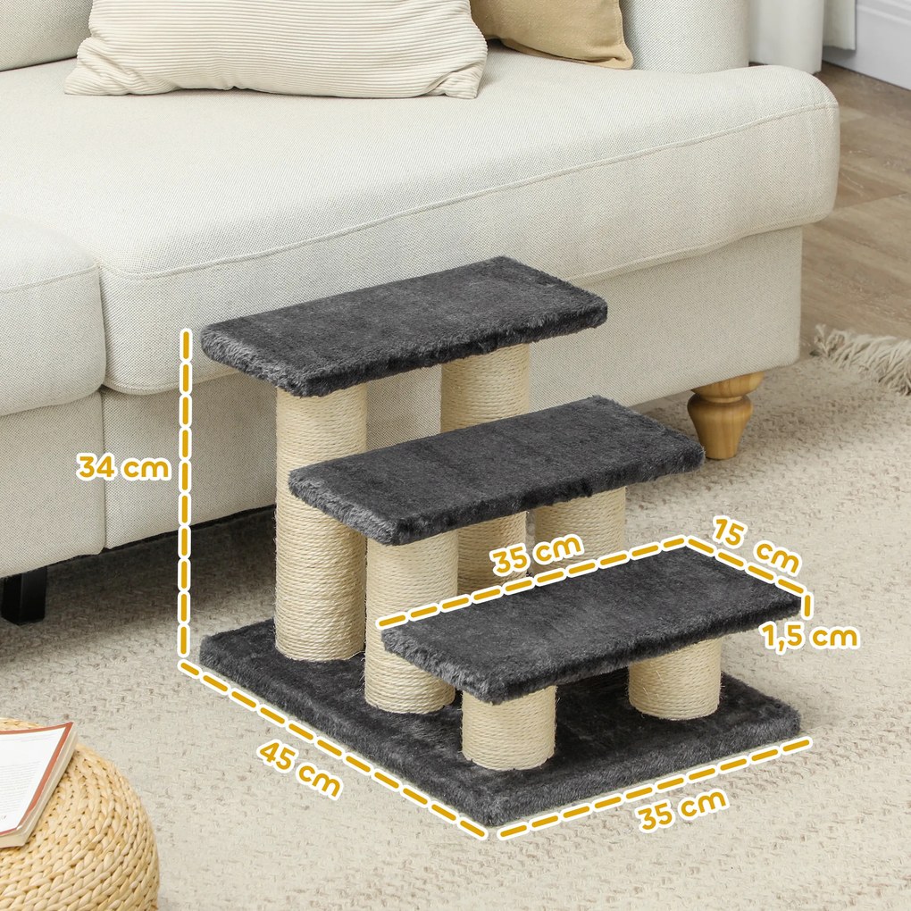 PawHut schody pro psy a kočky 3stupňové schody pro psy schody pro kočky plyšové tmavě šedé 45x35x34cm pro snadný vstup a výstup