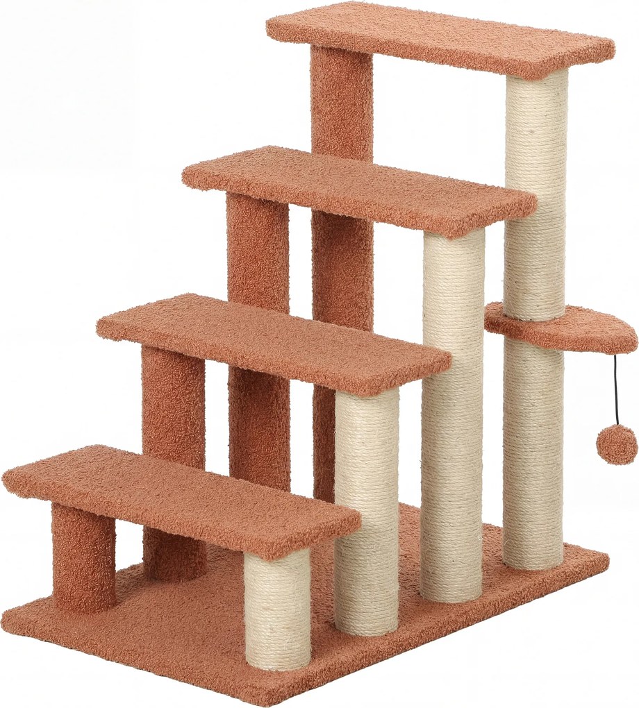 PawHut 4stupňové schody pro kočky se škrabadlem pro domácí mazlíčky do 5 kg, schody pro psy s míčkem na hraní, plyš, hnědá, 60 x 40 x 64 cm | Aosom.de