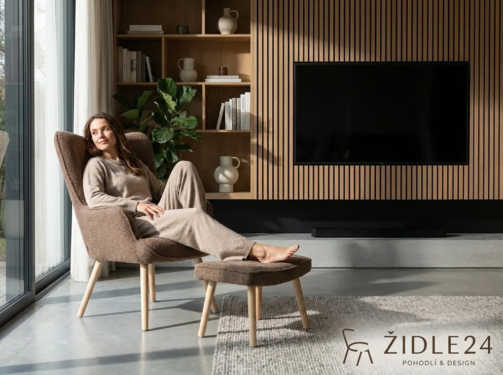 Relaxační křeslo ušák s podnožkou RENI - hnědá látka bouclé