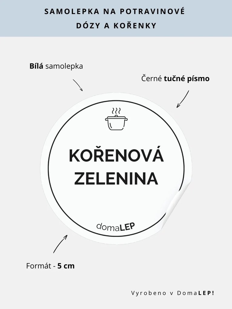 Samolepka na kořenky KOŘENOVÁ ZELENINA bílá 5 cm tučné písmo