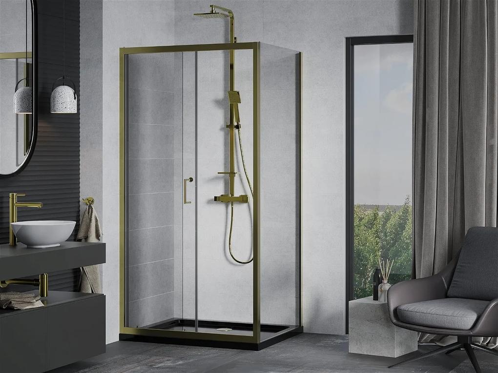 Mexen Apia sprchový kout s posuvnými dveřmi 100 (dveře) x 70 (stěna) cm, 5mm čiré sklo, zlatý profil + černá sprchová vanička SLIM, 840-100-070-50-00-4070G