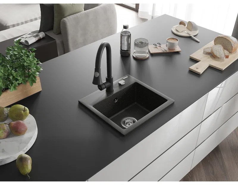Mexen Milo, 1-komorový granitový dřez 435x410x171 mm a dřezová baterie Elia, černá-zlatá metalíza, 6505-75-670101-70