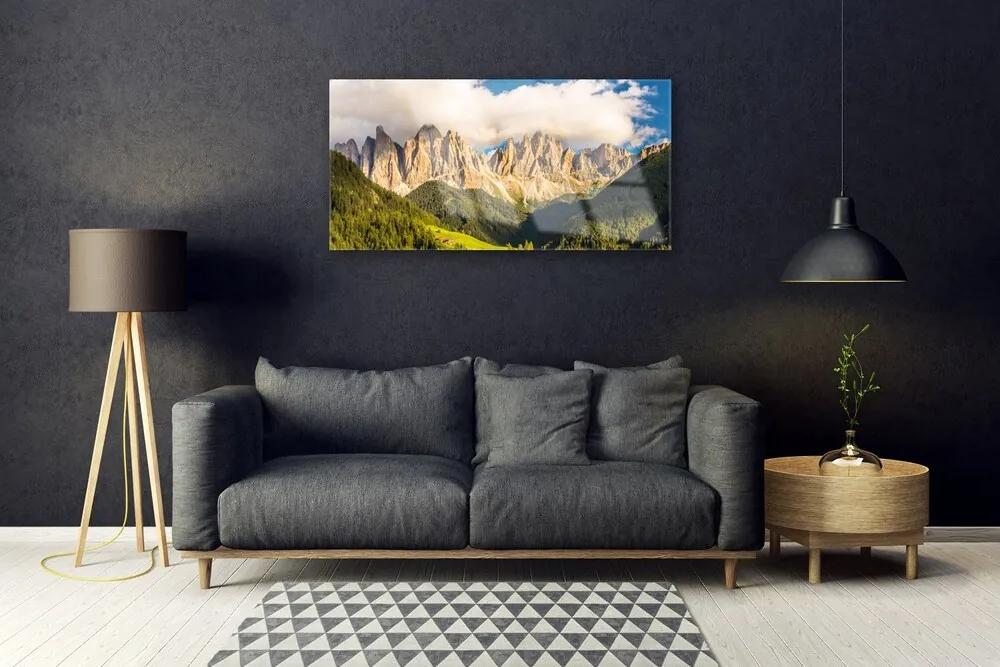 Obraz na skle Vrcholy Hor Mraky Lesy Louka 140x70 cm