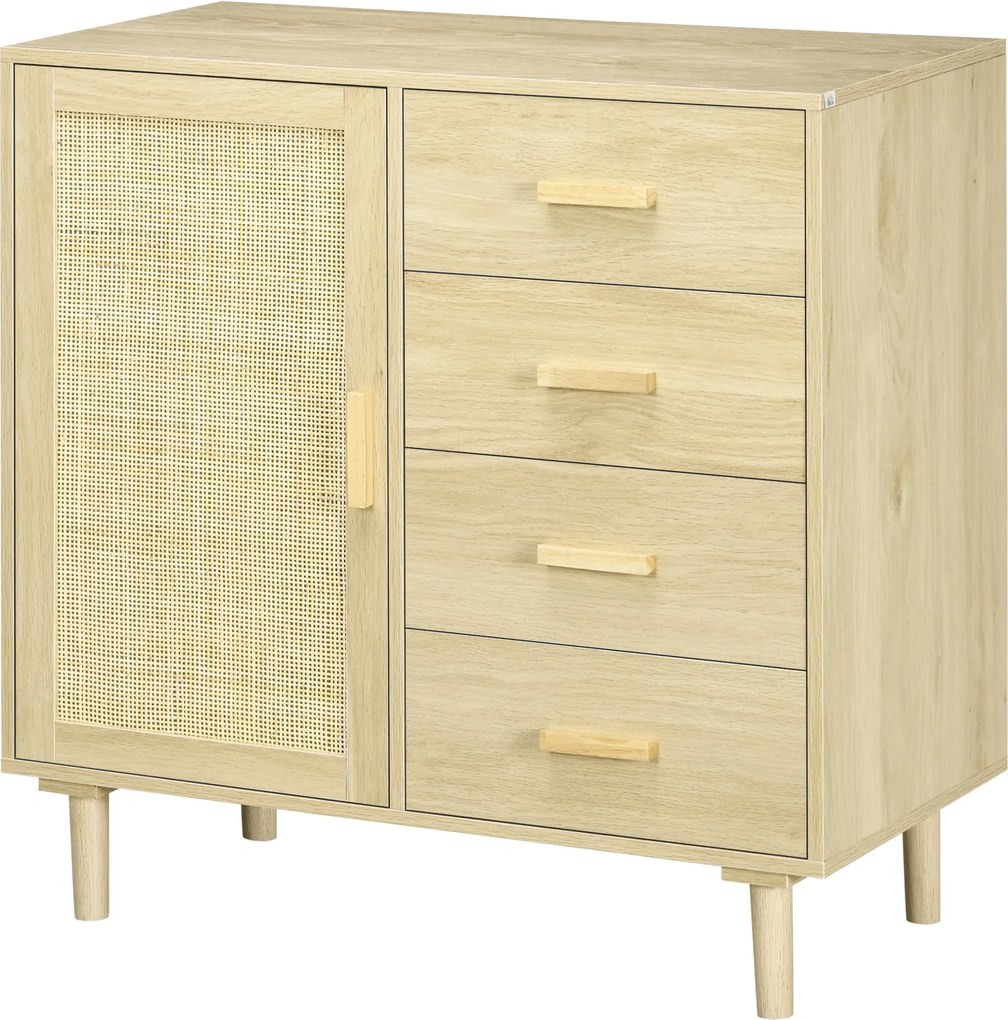Úložný kabinet HOMCOM z ratanu s dvířky z proutí a 4 zásuvkami, do jídelny, obývacího pokoje, ložnice, 80 x 38 x 80,5 cm, efekt přirozeného dřeva | Ao