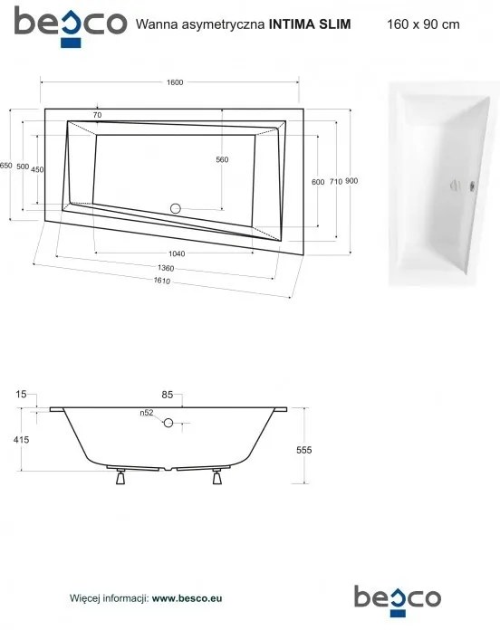 Hopa INTIMA SLIM 160 x 90 cm VANINTI16SLIML+OLVPINOZSTELI vana vč. nožiček levá