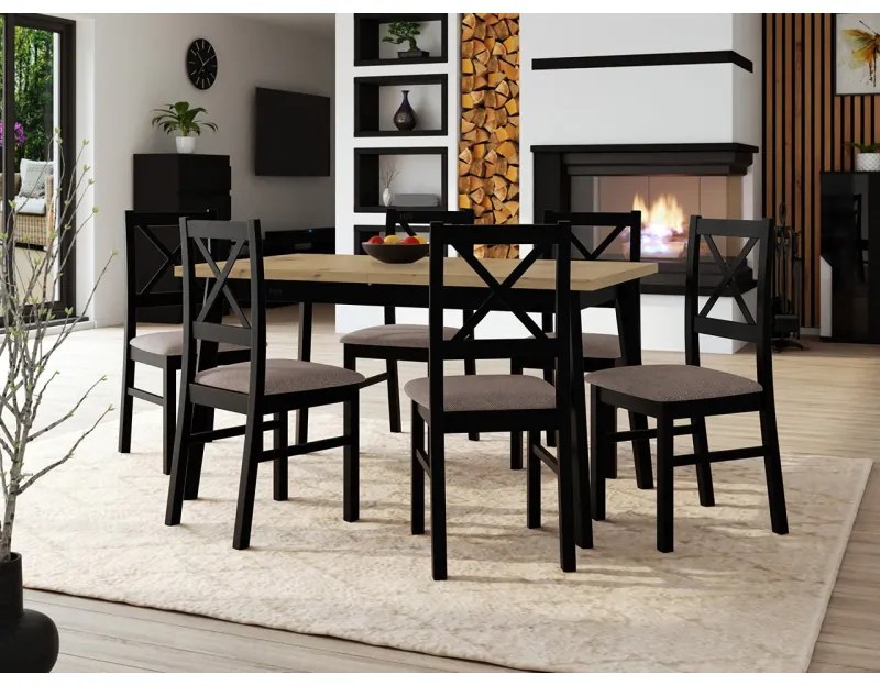 Stůl se 6 židlemi - AL43, Barva dřeva: dub artisan - L, Potah: Soro 28, Barvy nožiček: černá