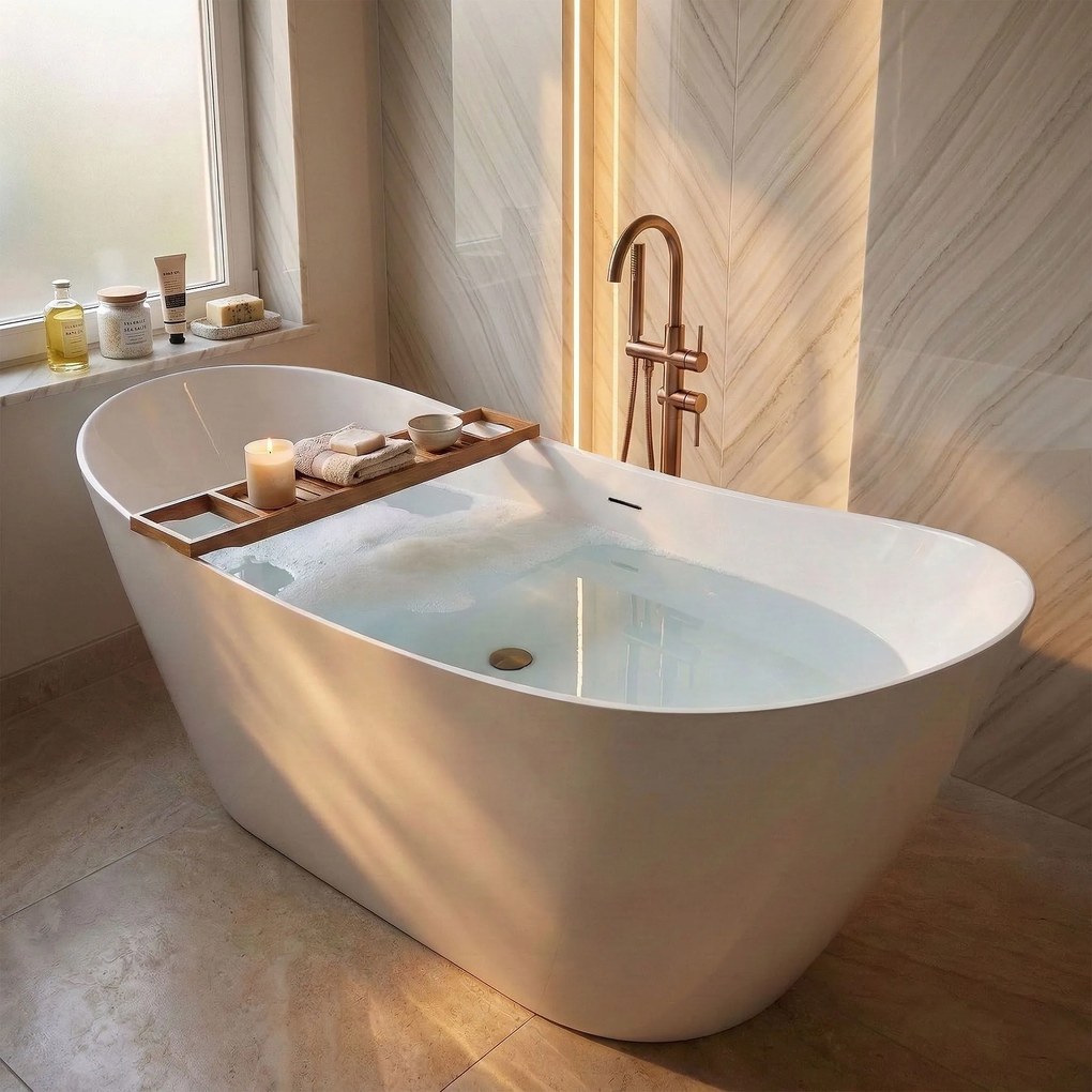 Rea FERRANO Slim, volně stojící vana 1520×730×670 mm, bílá, černá krytka odtoku, KPL-W6080