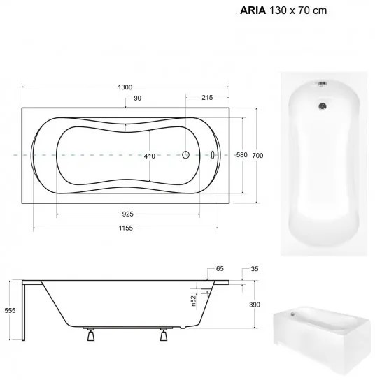 BESCO Obdélníková vana ARIA Nožičky k vaně - Bez nožiček, Rozměr vany - 130 × 70 cm VANARIA130