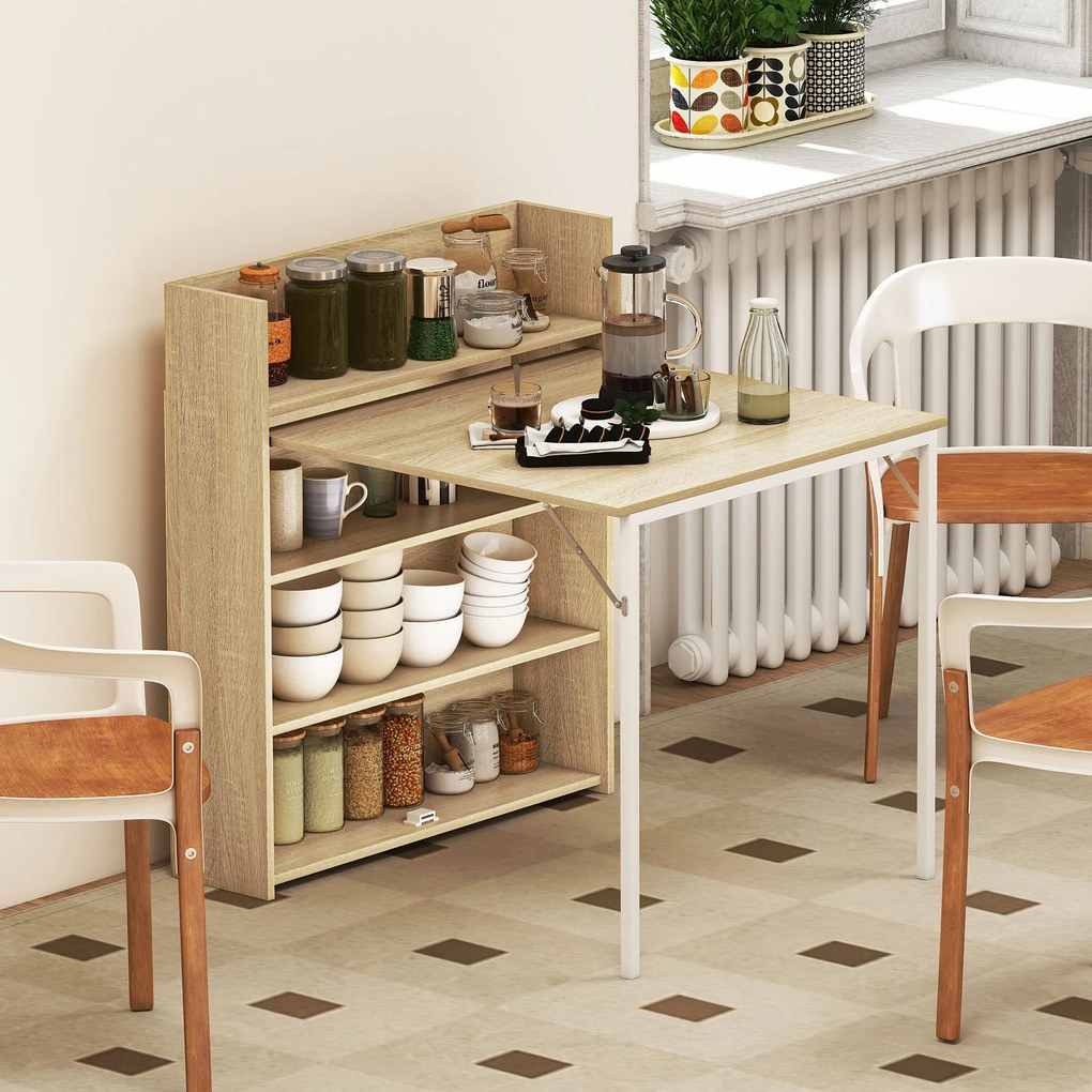 HOMCOM Skládací jídelní stůl s regálem, industriální design, úspora místa, pro malé prostory, 78,5 x 91 x 93 cm, dub
