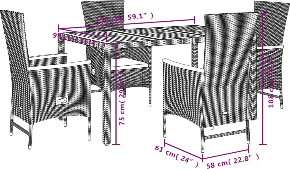 5dílný zahradní jídelní set s poduškami černý polyratan 3277508
