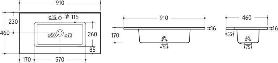 Comad Nábytkové keramické umyvadlo GO 90/DP-8095, 91x46 cm, bílá lesklá