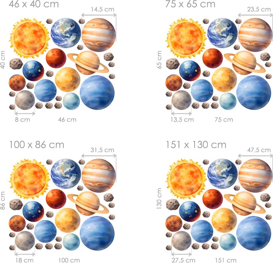 Sada planet textilní přelepitelné samolepky na zeď arch 46 x 40 cm