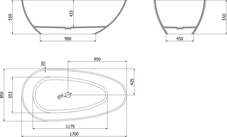 Mexen Glass Denim, volně stojící průsvitná vana 170 x 85 cm, chromová zátka, 58061708507