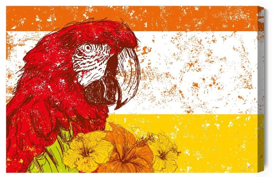 Obraz Papoušek Papoušek S Květinami V Retro Stylu Nedostatek Nedostatek Plátno Canvas 100x70