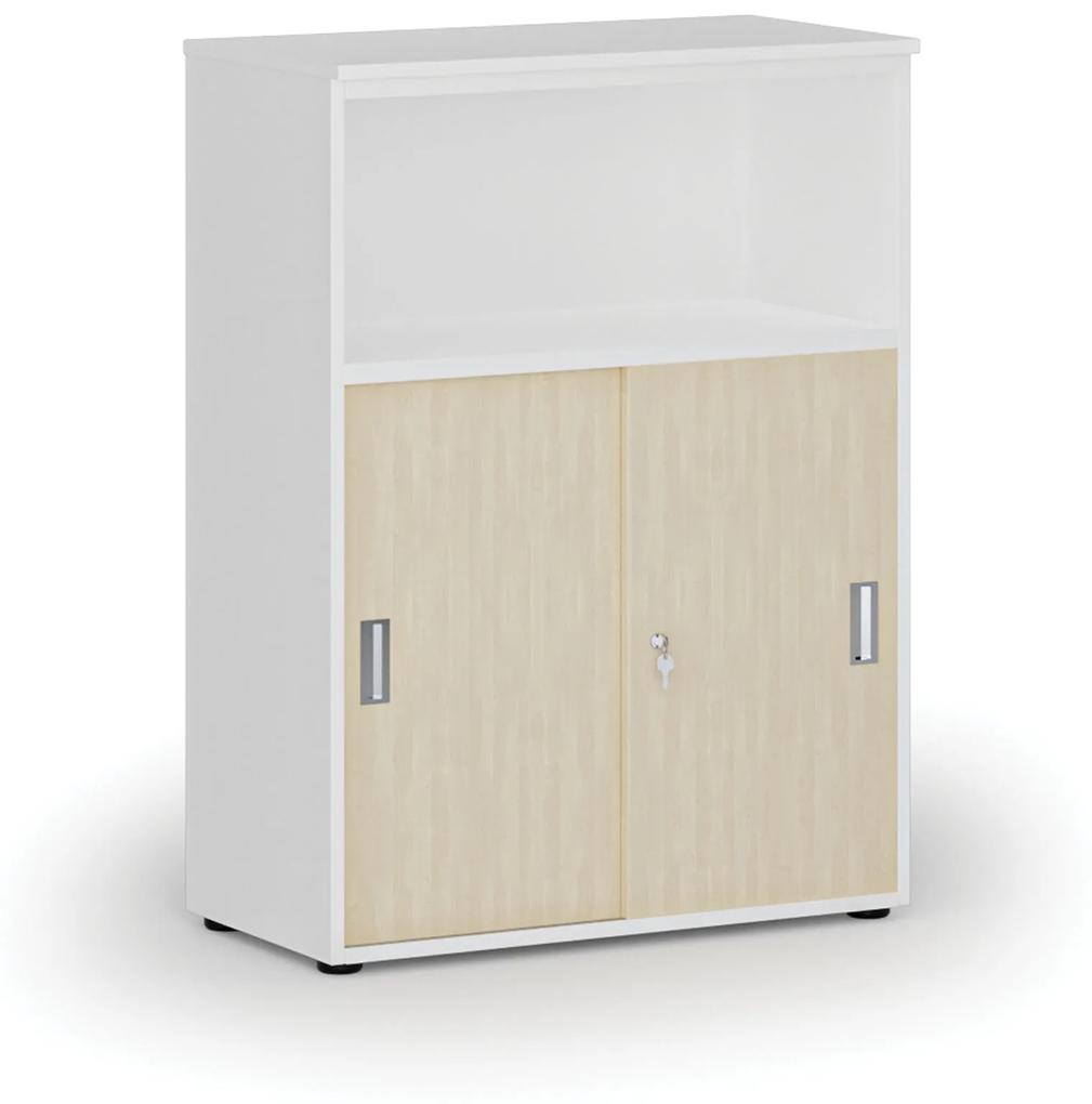 Kombinovaná kancelářská skříň se zásuvnými dveřmi PRIMO WHITE, 1087 x 800 x 420 mm, bílá/ořech