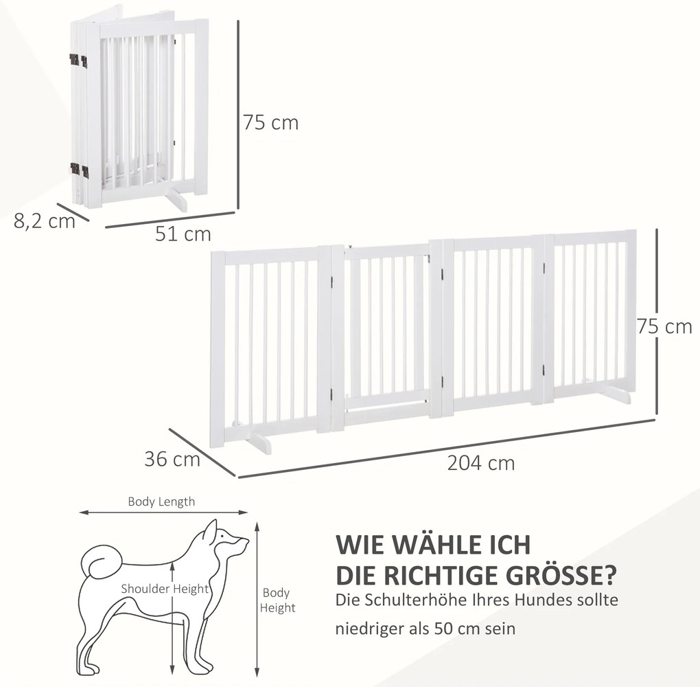 4dílná zábrana pro psy, 204 x 75 cm Skládací bezpečnostní branka s dvířky, volně stojící branka pro psy se 2 podpěrnými nohami, dřevěná schodišťová b…