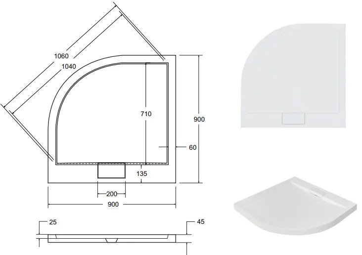 Besco Axim UltraSlim čtvrtkruhová sprchová vanička Rozměr vaničky: 90x90cm