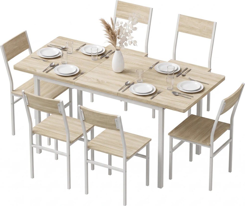 HOMCOM rozkládací jídelní set 120-160 cm se 6 židlemi pro 4-6 osob, vzhled dubu