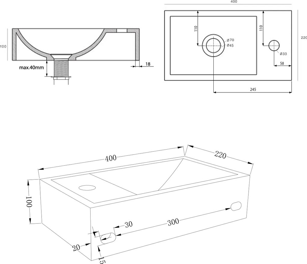 Sapho Sapho, CREST R betonové umyvadlo včetně výpusti, 40x22 cm, černý granit, AR409