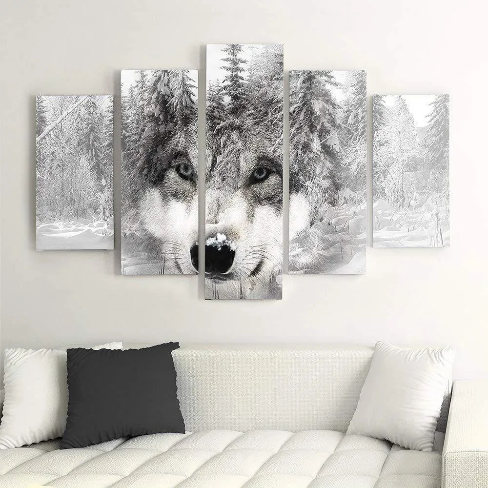 Obraz na plátně pětidílný Wolf Forest Animal Grey - 200x100 cm