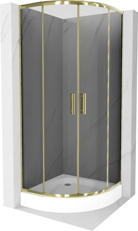 Mexen Rio, čtvrtkruhový sprchový kout s posuvnými dveřmi 90 (dveře) x 90 (dveře) x 190 cm, 5mm šedé sklo, zlatý profil + bílá sprchová vanička RIO, 863-090-090-50-0-4710
