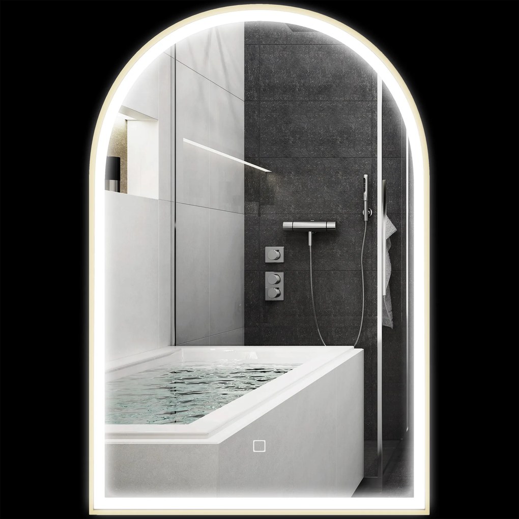 HOMCOM LED koupelnové zrcadlo 90 x 60 cm, nástěnné, 3 barvy, zakřivené, hliníkový rám, odvlhčování a dotykový spínač