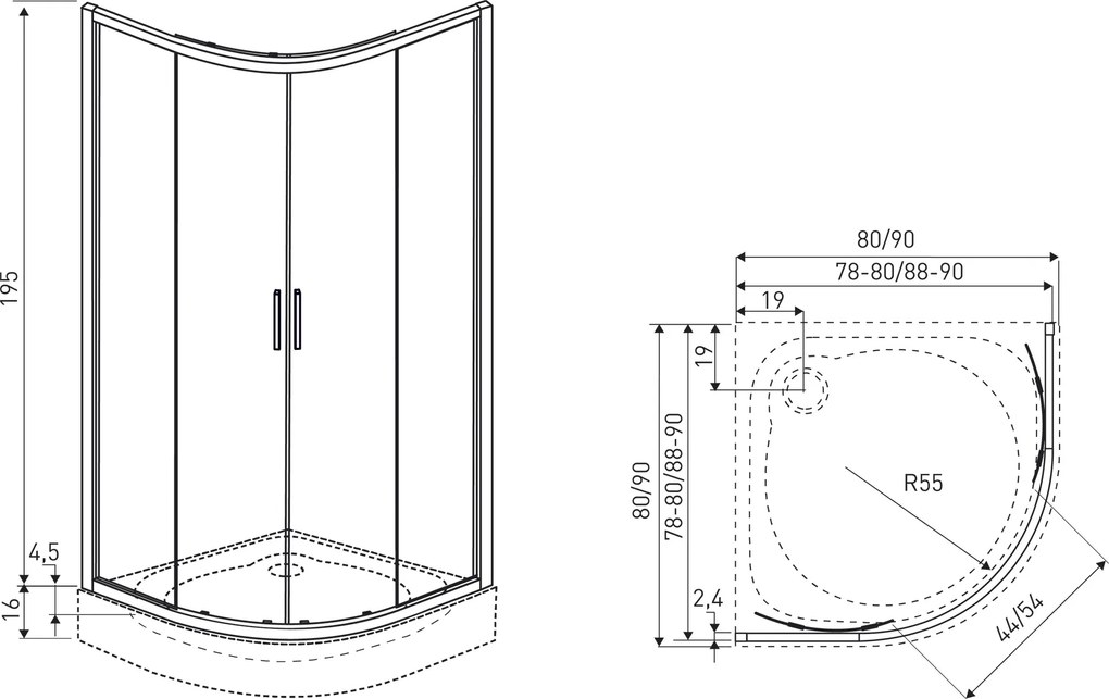 Novoterm Čtvrtkruhový sprchový kout NV-Solid RS CHR 90, chrom/transparent - bez vaničky