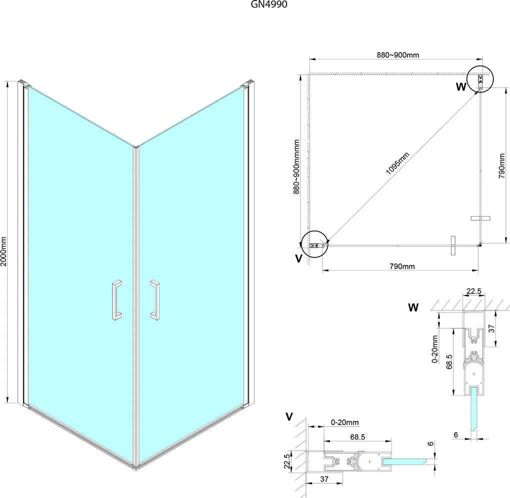 Gelco LORO čtvercový sprchový kout 90 x 90 x 200 cm rohový vstup jednokřídlé chrom čiré sklo GN4990-01
