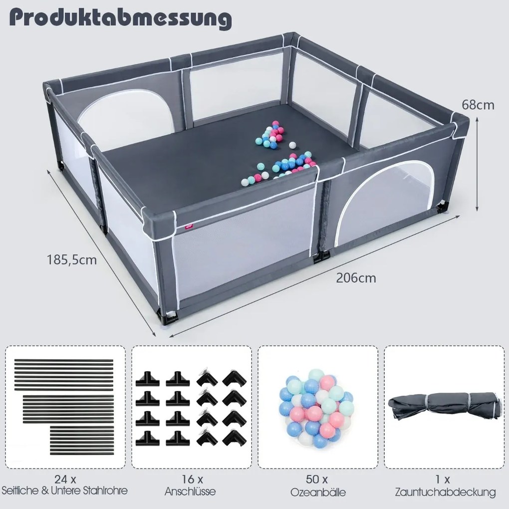 Costway Dětská ohrádka s 50 hracími míčky ohrádka se zipem tmavě