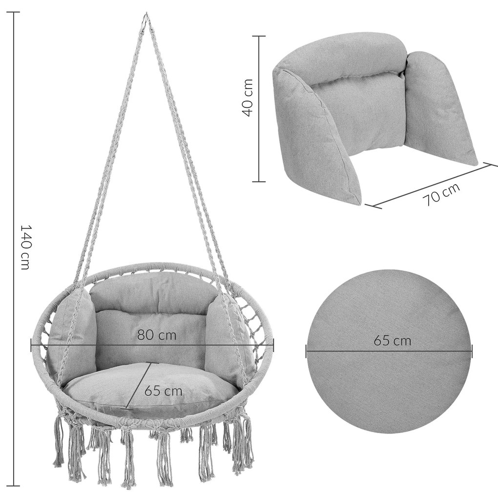 Závěsné křeslo BOHO s polštáři, Ø61cm, světle šedá Detex