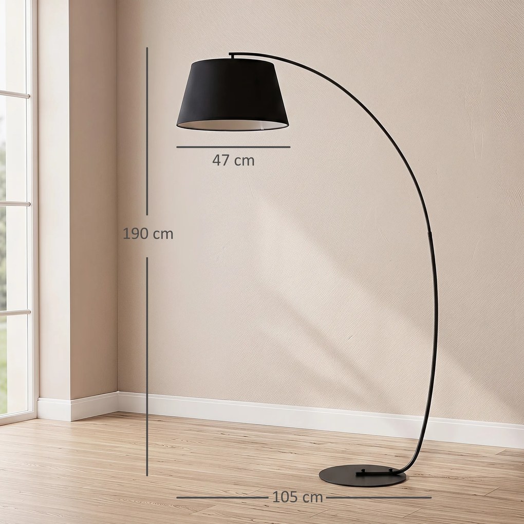 HOMCOM Stojací lampa, zakřivená stojací lampa s látkovým stínidlem, podlahová lampa s kulatou základnou, kov, 105D x 47Š x 190V cm, černá