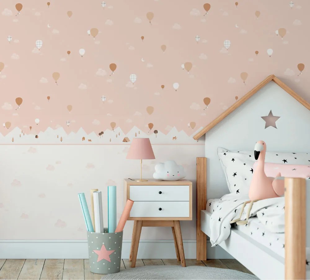 Růžová dětská vliesová tapeta na zeď - mráčky, balony, 7001-3, Noa, ICH Wallcoverings