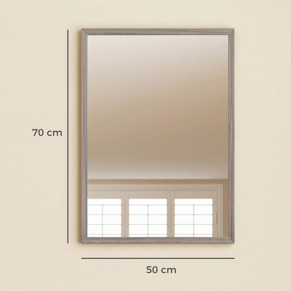 HOMCOM zrcadlo na stěnu 50 × 70 cm – obdélníkové dekorativní závěsné zrcadlo do ložnice, koupelny, obýváku a předsíně, šedý rám
