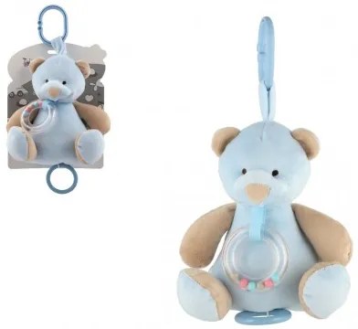 Medvěd plyš 18cm závěs na postýlku/kočárek nat. hrací strojek modrý na kartě v sáčku 0+