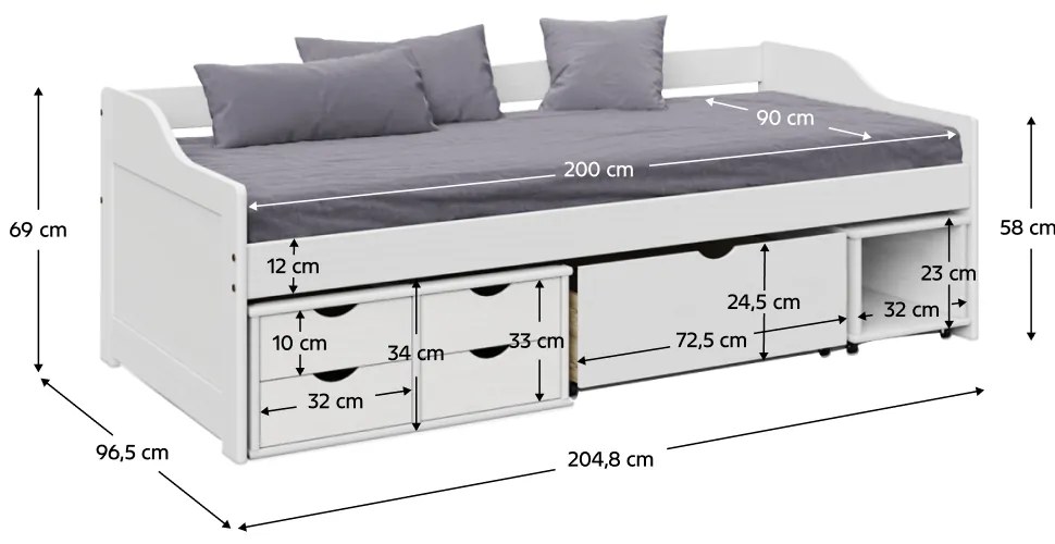 Kondela Postel s úložným prostorem, bílá, masiv, 90x200, MAXI NEW