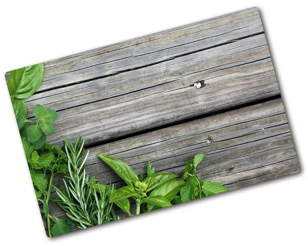 Wallmuralia Kuchyňská deska skleněná Dřevěné pozadí bylinky 80x52 cm