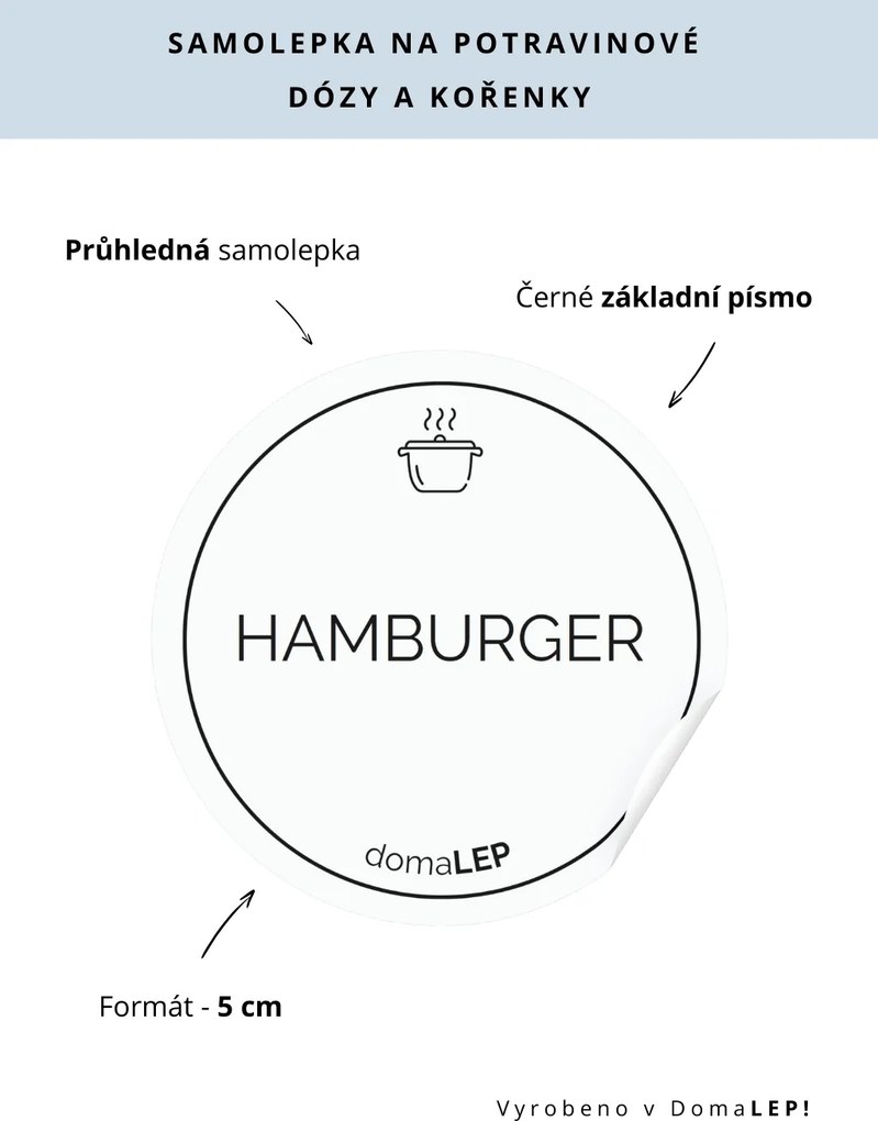 Samolepka na kořenky HAMBURGER průhledná 5 cm základní písmo