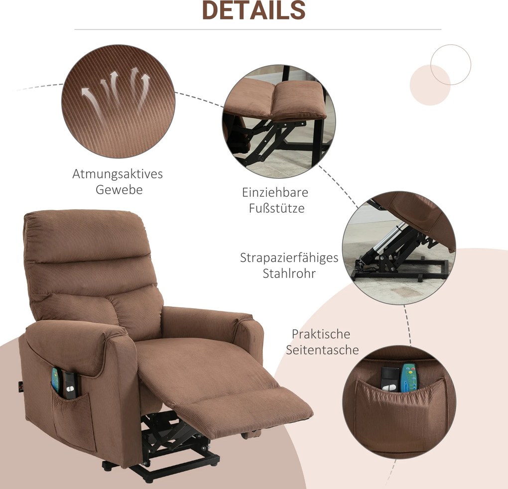 HOMCOM TV křeslo polohovací elektrické s masážní funkcí vyhřívání polohovací funkce polyester světle hnědá 79x97x103cm pro pohodlí a relaxaci