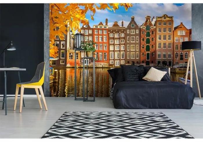DIMEX | Samolepicí vliesová fototapeta na zeď Domy v Amsterdamu MA-5-0024 | 375 x 250 cm | modrá, bílá, oranžová, hnědá