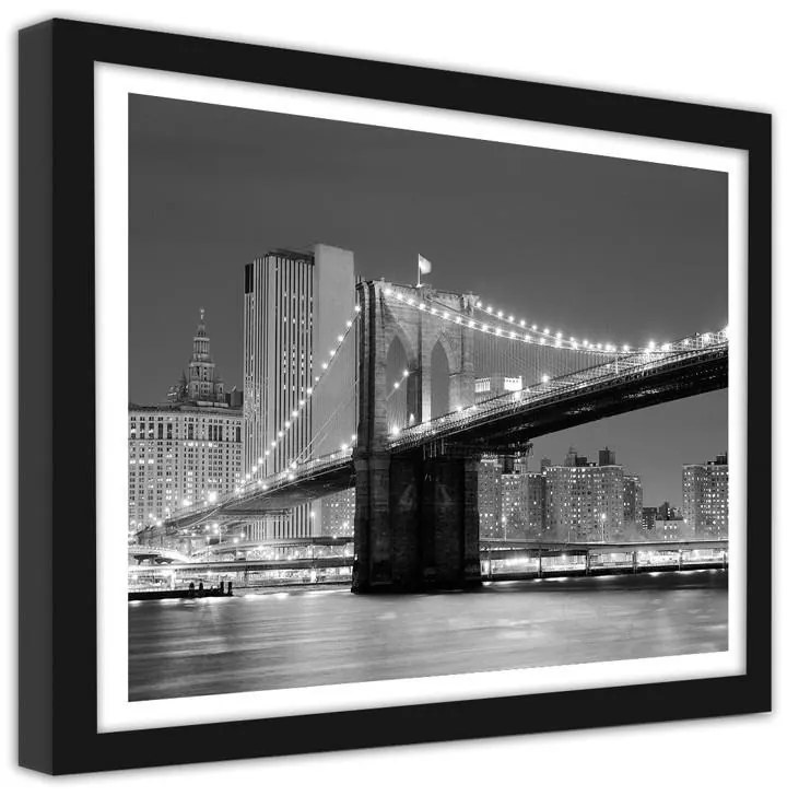 CARO Obraz v rámu - Brooklyn Bridge With A Cityscape Above The East River 90x60 cm Černá
